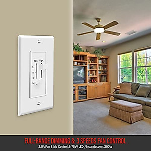 ENERLITES 3 Speed Ceiling Fan Control and Dimmer Light Switch, 2.5A Single Pole Light Fan Switch, 300W Incandescent Load, No Neutral Wire Required, 17001-F3-W, White, 2 Pack…