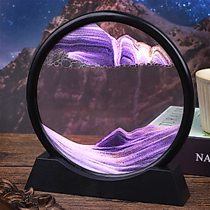 Moving Sand Art Flowing Sand Painting 3D Natural Landscape Dynamic Sand Painting,Round Glass Sea Sand Painting Artistic Sandscape for Home Ornament Desktop Art Bookshelves Decoration(Purple,7 Inches)