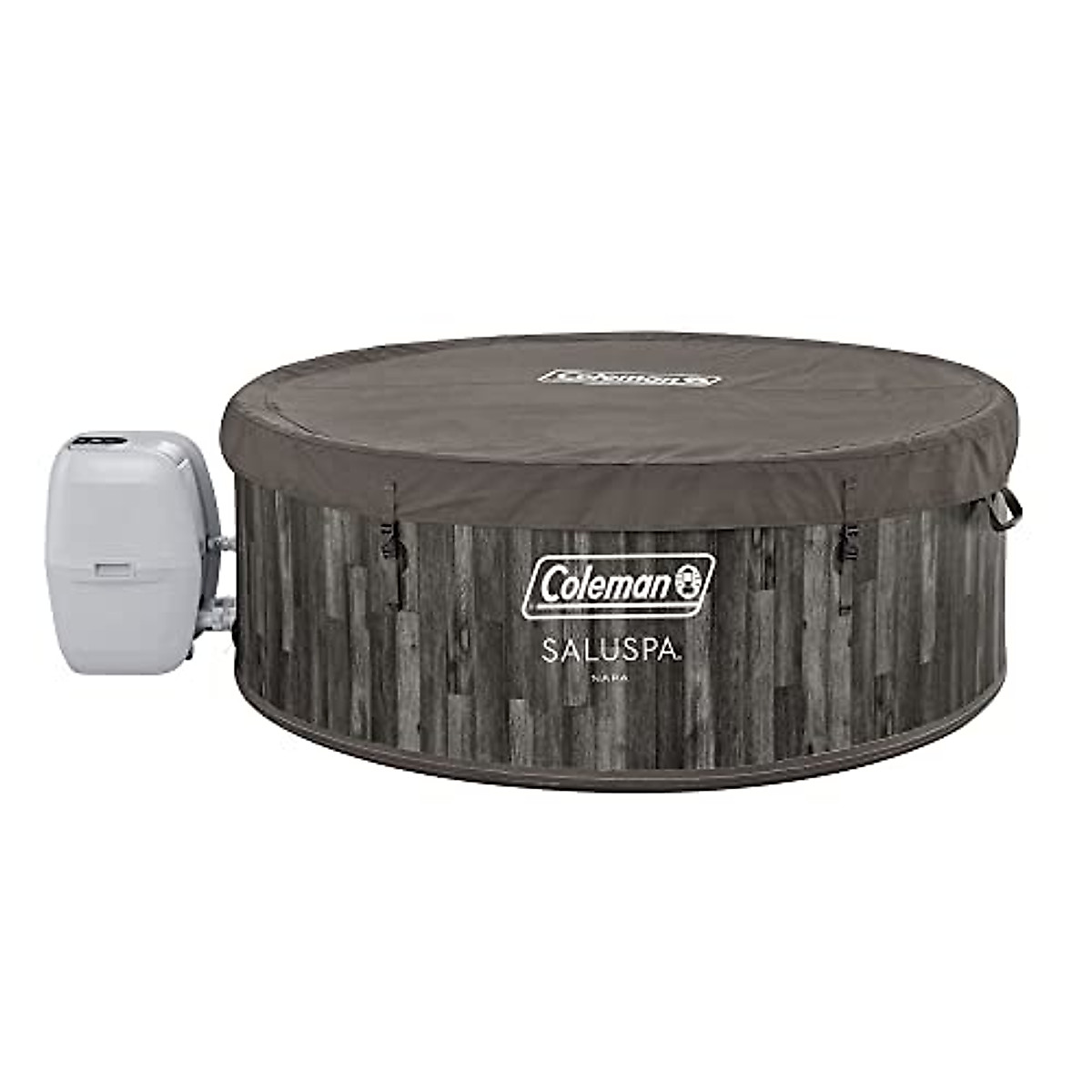 Coleman Napa SaluSpa 2-7 Person Inflatable Round Outdoor Hot Tub Spa with 180 Soothing AirJets, 2 Filter Cartridges, and Insulated Cover, Gray Wood