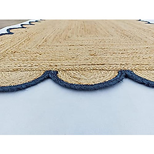 Jute Area Rug for Home and Living Room Décor Rectangular Scalloped Vintage Jute Area Rug Carpet Navy 2' x 3' by Varsha Textile