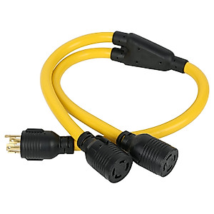 3FT NEMA L14-30 Splitter Cord Generator Y Adapter, HDWS NEMA L14-30P to (2) Outlet Port L14-30R Twist Lock Extension Cord, 30 Amp 4 Prong Generator Power Cord Adapter