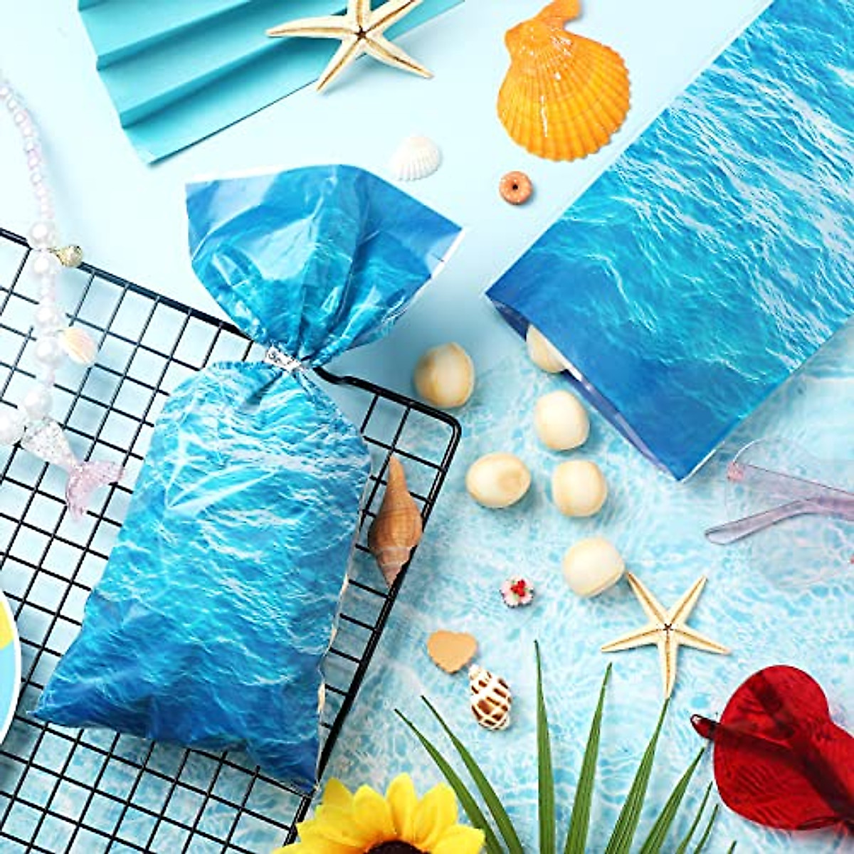 100 Pieces Ocean Waves Cellophane Treat Bags Under the Sea Blue Ocean Party Goodie Candy Bag with 100 Twist Ties for Beach Pool Birthday Summer Mermaid Party Decoration Baby Shower Supplies
