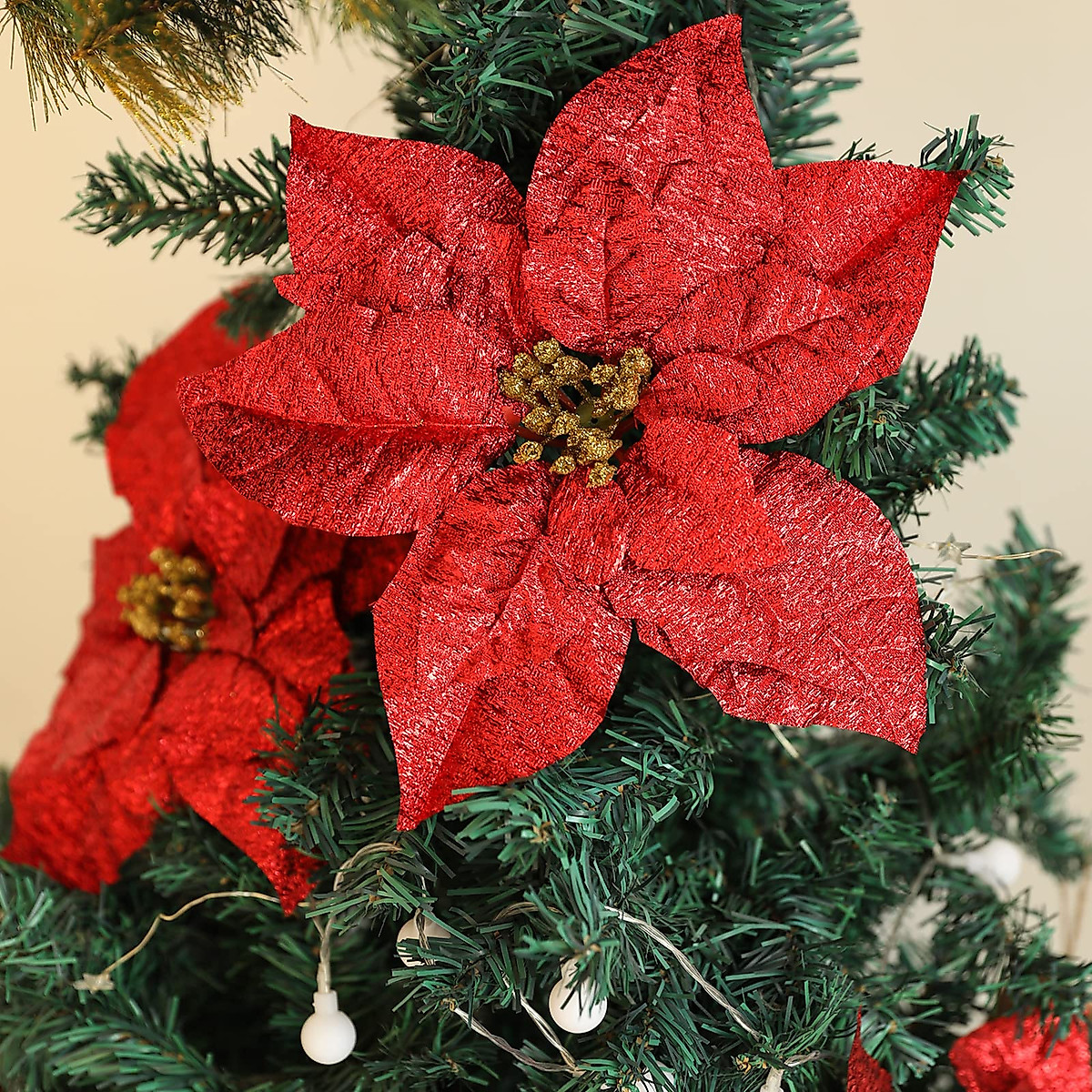 Nubry 10pcs Artificial Poinsettia Flower Heads with 2pcs Stems Fake Red Christmast Decoration Faux Flowers Bouquet for Christmas Tree Home Garden Decor (5-Red-11in)