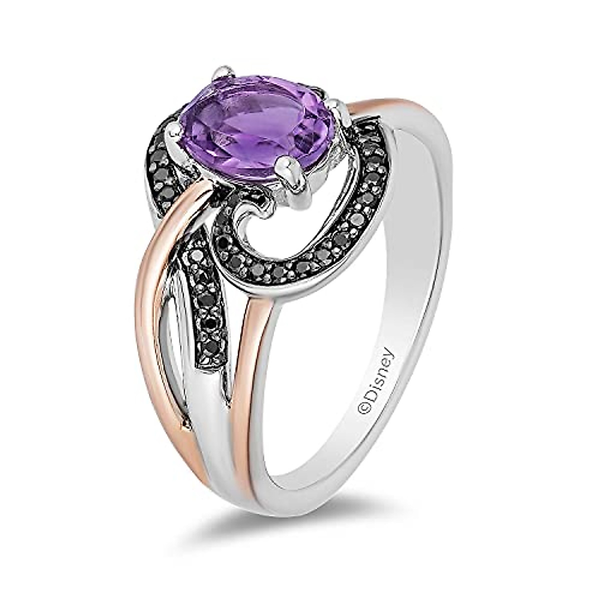 Jewelili Enchanted Disney Fine Jewelry Sterling Silver with Rose Gold Plating, Black Rhodium 1/5 Cttw Diamond and Amethyst Ursula Ring, Size 9