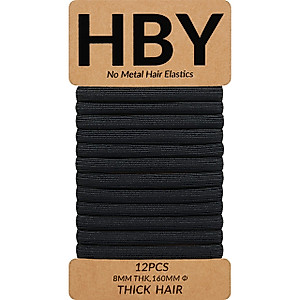 HBY Women's Hair Ties for Thick or Curly Hair. No Slip Seamless Ponytail Holders Sports Thick Hair Ties, Black, 8MM, 12 Pcs