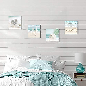 UTOP-art Aqua Beach Seashell Pictures Artwork: Love & Starfish Canvas Print Wall Art for Bathroom (12'' x 12'' x 4 Panels)