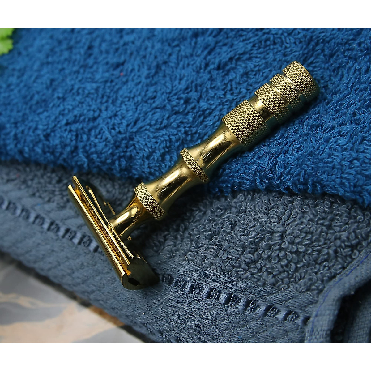 Gold ~ Double Edge Safety Razor ~ 50 Razor Blades - Razor Meister Prime Safety Razor Shaving Kit for Men - Safety Razor Leather Case - German Stainless Steel 24K Gold - Mild