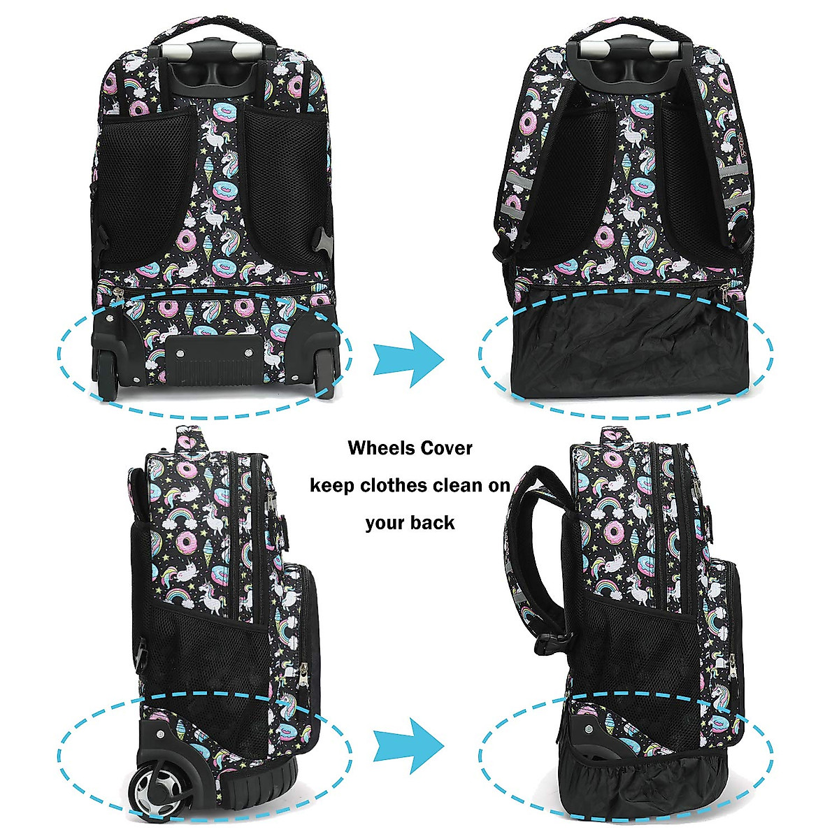 Tilami Rolling Backpack 19 inch with Lunch Bag Wheeled Laptop Backpack, Unicorn Cute