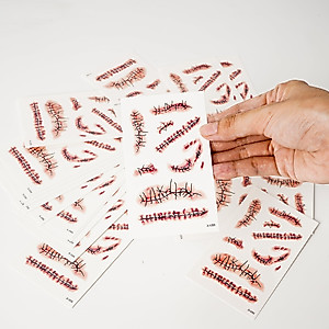 20 Sheets Halloween Zombie Temporary Tattoos - NEDEQI Chucky Scar Fake Blood Tattoos Waterproof Realistic Stitches Wound Temp Tattoo for Chucky Cosume Prank Makeup Cosplay Kids Men Women Adults