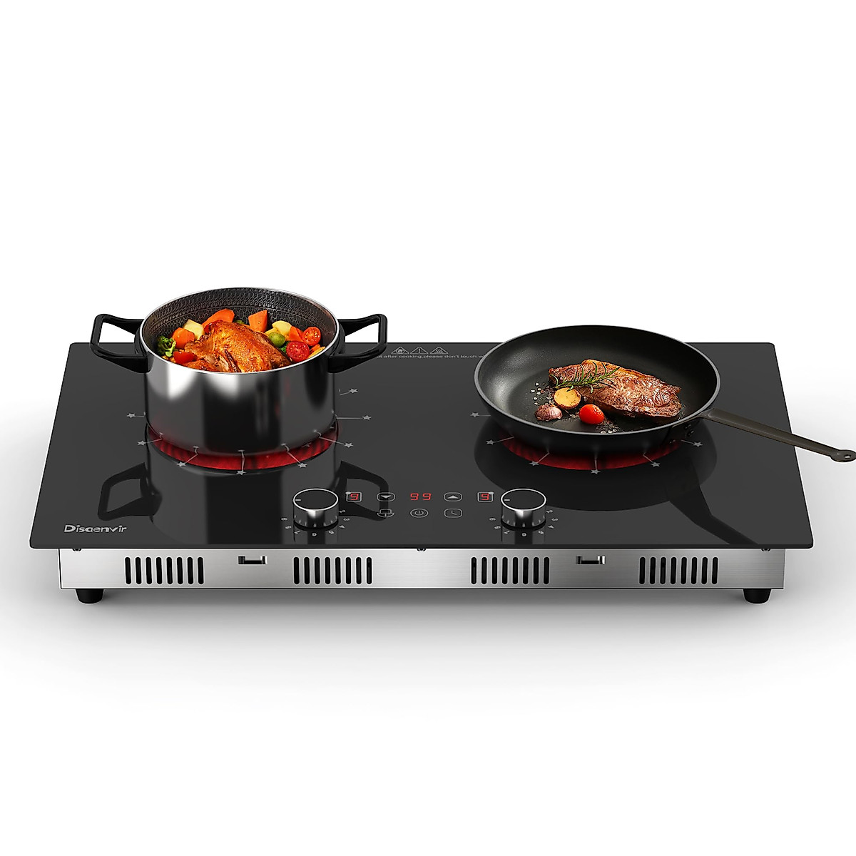 Disaenvir 2 Burner Electric Cooktop 110V - 24 Inch Ceramic Stove Top Countertop & Built-in, 2000W Two Burner Radiant Electric Cook Top with LCD Touch & Knob Control, Timer, Safety Lock, 120V Plug in