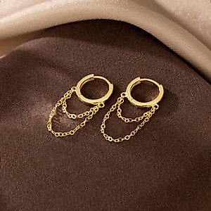 Reffeer Solid 925 Sterling Silver Tassel Chain Drop Dangle Small Hoop Earrings Huggie for Women Teen (C-Gold)