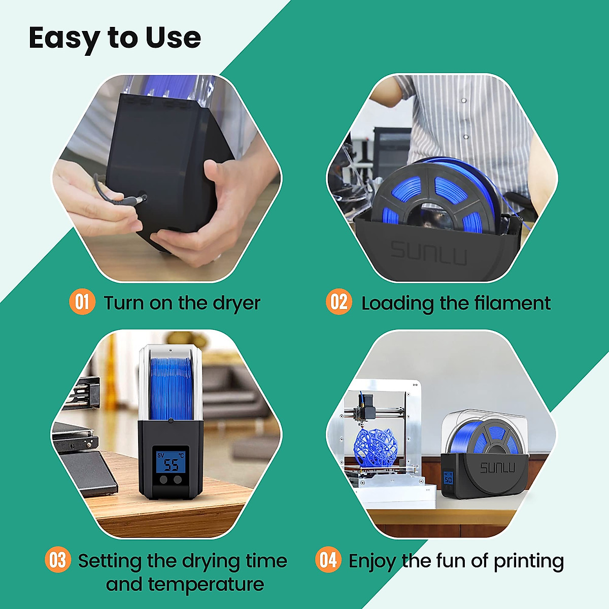 SUNLU Official Filament Dryer S1 Plus, Built-in Circulation Fan, Filament Dryer Box Storage Box for 3D Printer Filament 1.75 2.85 3.00, S1 Plus Black