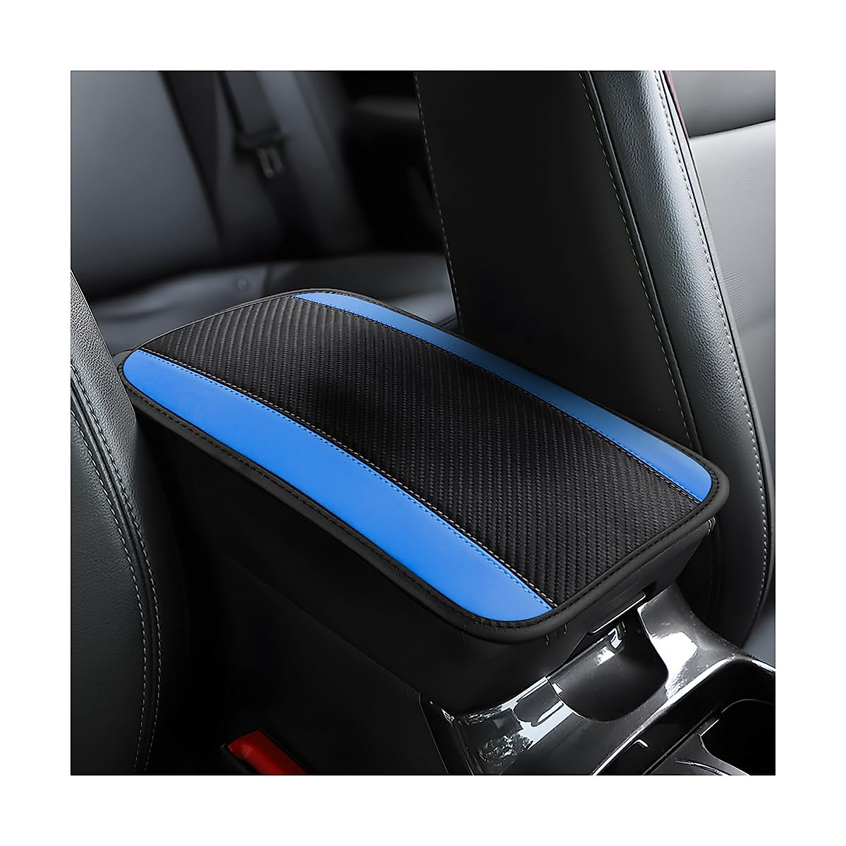 BESULEN Car Armrest Storage Box Cover, PU Leather Waterproof Non Slip Center Console Pad, Universal Carbon Fiber Arm Rest Seat Box Mat, Car Interior Accessories for Most Vehicle SUV Truck (Blue)