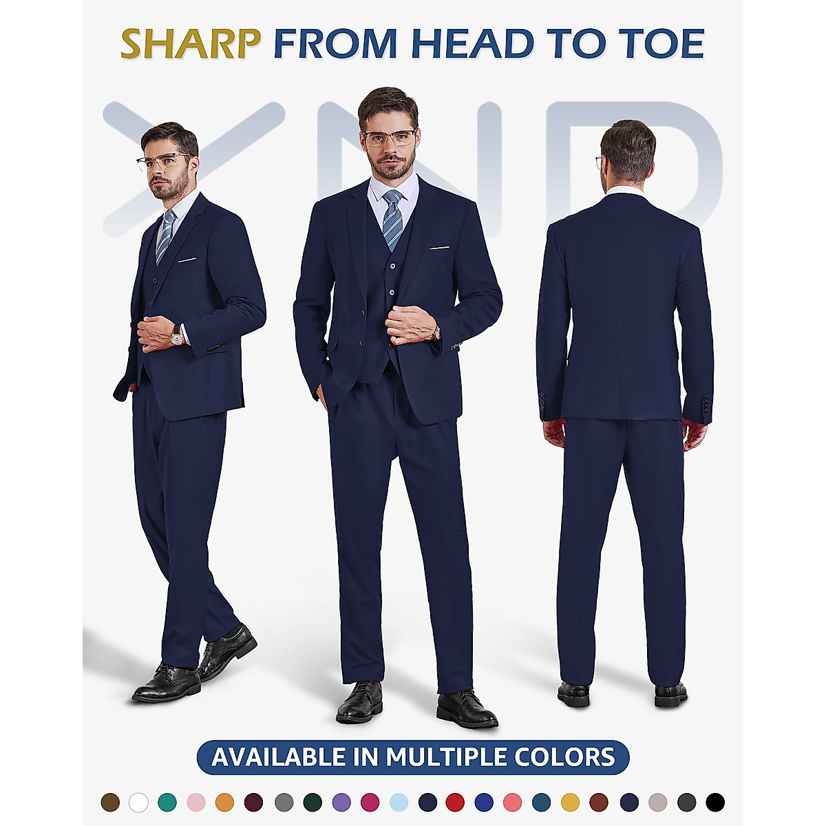 YND Men's Slim Fit 2 Button 3 Piece Suit Set, Blazer Jacket Vest Pants and Tie, Solid Wedding Dress Tux and Trousers Deep Blue