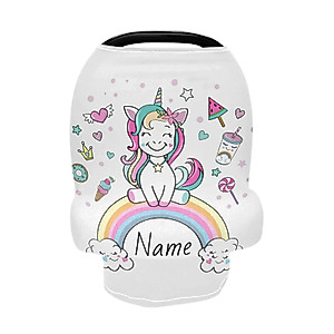 Custom Personalise Cute Unicorn Rainbow Baby Car Seat Covers Donut Ice Cream Carseat Canopy Soft Infant Stroller Cover Nursing Breastfeeding Covers for Girls Boys Newborn Fit Summer Spring Autumn
