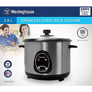 Westinghouse 220 Volts Rice Cooker 16 Cup, Non Stick Cooking Pot, Measuring Cup, Keep Warm Function-Stainless Steel-1000W (NOT FOR USE IN USA)