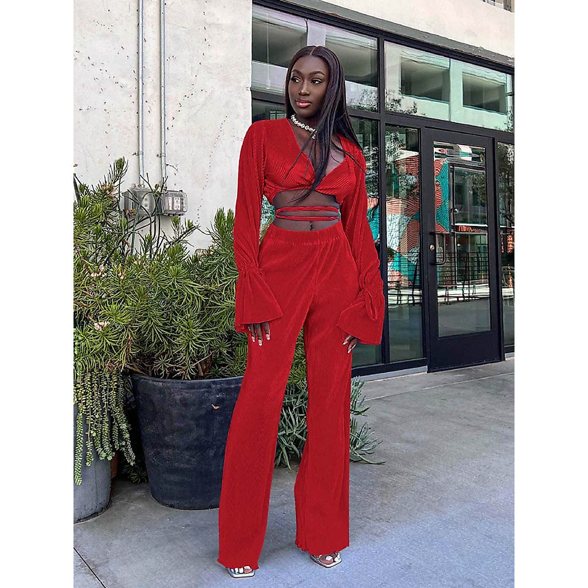 Women Boho 2 Piece Casual Outfit Long Sleeve Tie Front Cardigans Wide Leg Pants Tracksuit Set Red
