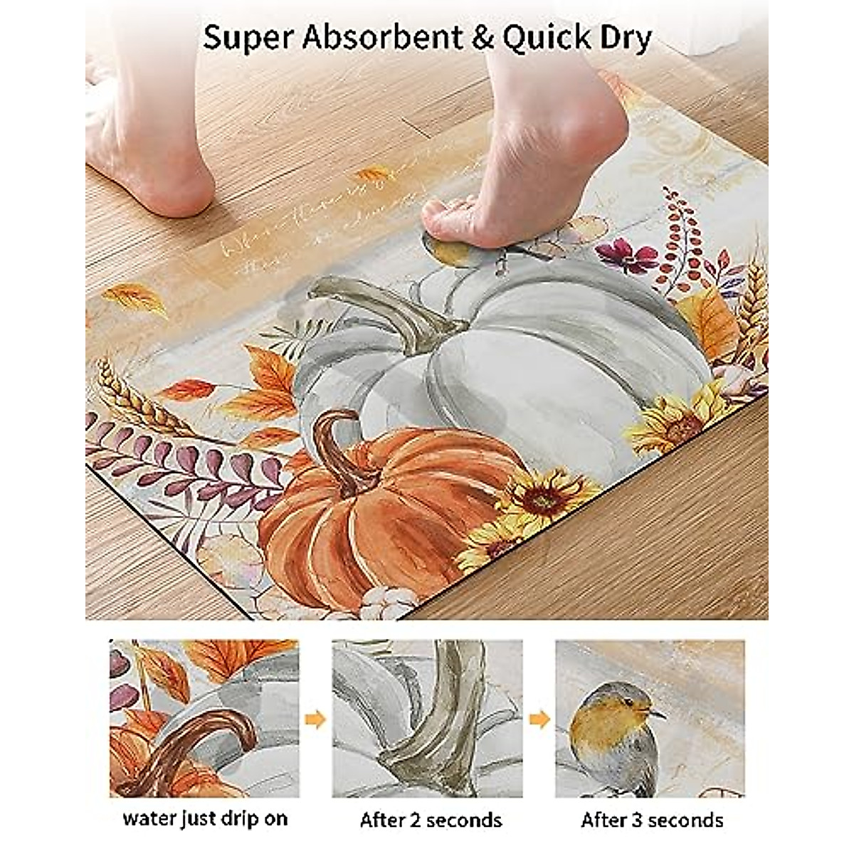 Thanksgiving Bath Mat for Tub,Non Slip Bathroom Floor Runner Rug Quick Dry & Absorbent Diatomaceous Earth Kitchen Shower Sink Washable Doormat,Fall Pumpkins Autumn Fall Leaves Oil Painting 16"x24"