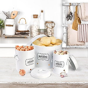 Suwimut Set of 3 Vegetable Storage Tins, Metal Potato Onion Garlic Storage Bin, Kitchen Canisters Vegetable Fresh Keeper Garlic Container Onion Keeper Potato Bin with Aerating Holes and Lid
