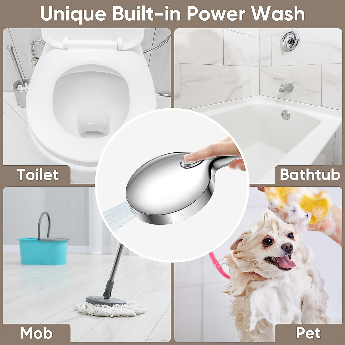 LEIVI High Pressure Shower Head, 4-mode Handheld Showerheads with 70 Inch Stainless Steel Hose, Built-in Power Wash to Clean Tub, Tile & Pets, Anti-clog Nozzles, Adjustable Bracket, Chrome