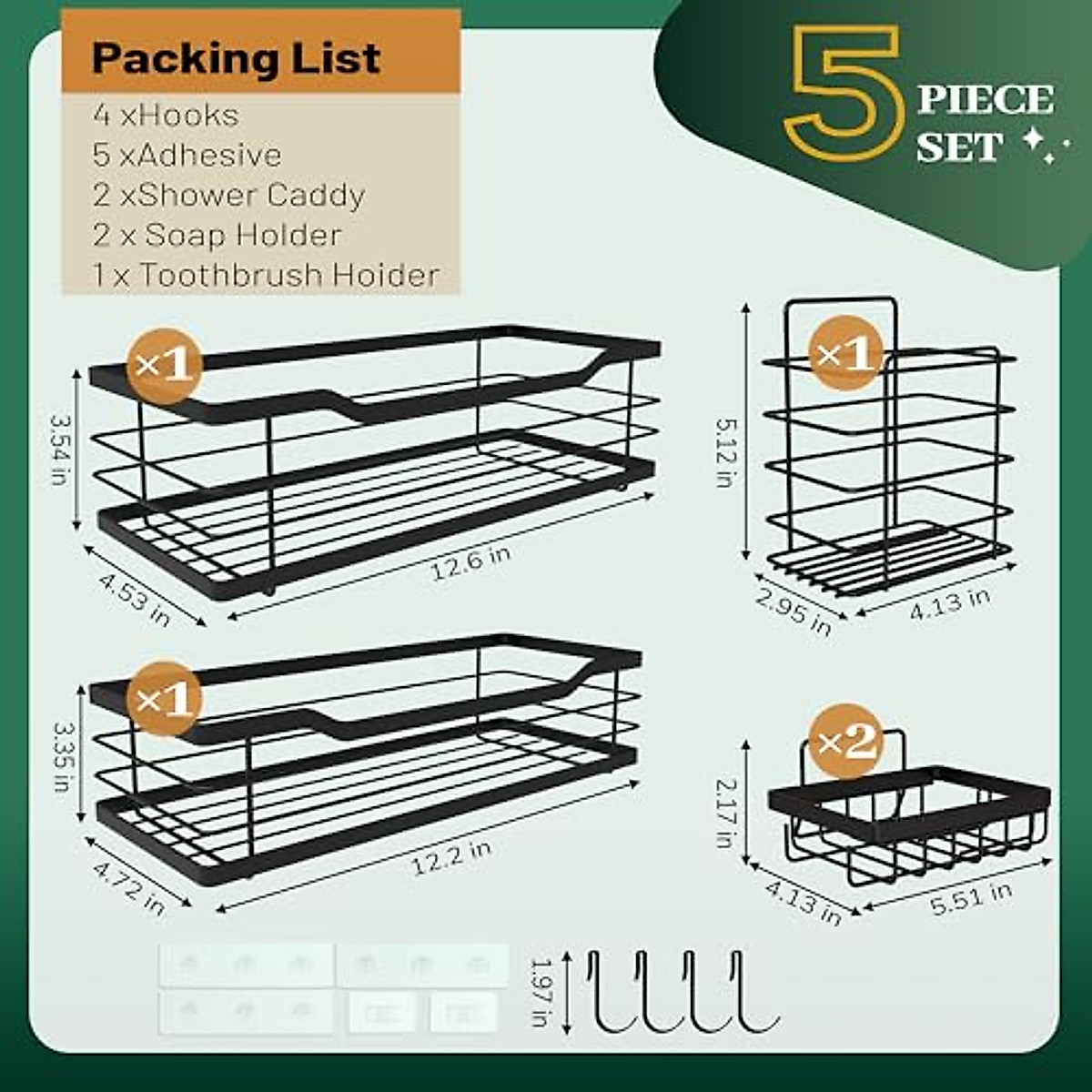 BTSD-home Shower Caddy Bathroom Organizer 5 Pack Rustproof Shower Rack Adhesive Shower Shelves with 4 Hooks, 2 Soap Holder, 1 Toothbrush Holder, Stainless Steel for Home Decor Bathroom Accessories