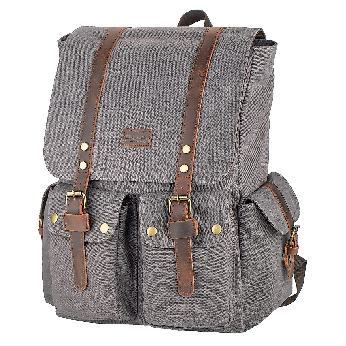 Canvas Backpack for Men Multi Pockets Vintage Travel Rucksack School Book Bag PU Trimming (Dark Gray)