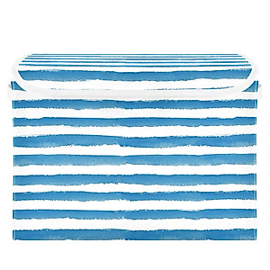 Gredecor Blue-white Stripes Large Storage Basket Bins with Lid Storage Boxes Organizer with Handle 16.5"x12.6"x11.8" Collapsible Storage Cube for Toys Bedroom Nursery Home