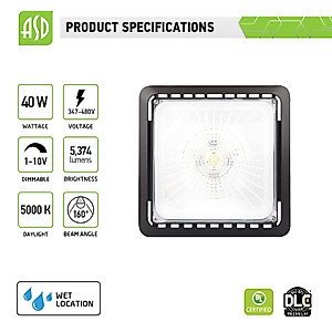 ASD 5000K Canopy LED Lights 347V-480V Dimmable IP65 40W 5400Lm Outdoor Ceiling Lights with J-Box | Light Fixture Canopy | Gas Station and Garage Light | LED Parking Lot Light UL&DLC