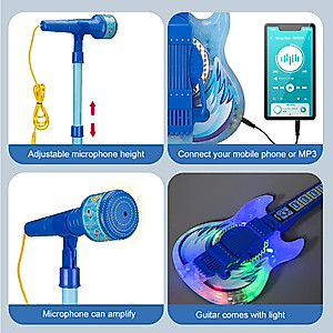 TAKIHON Guitar and Microphone Set for Kids,Guitar Toys with Music&Colorful Light,Adjustable Height Microphone with Stand,Karaoke Toys Gift for Boy,Girls,Toddlers(Blue)-Upgraded