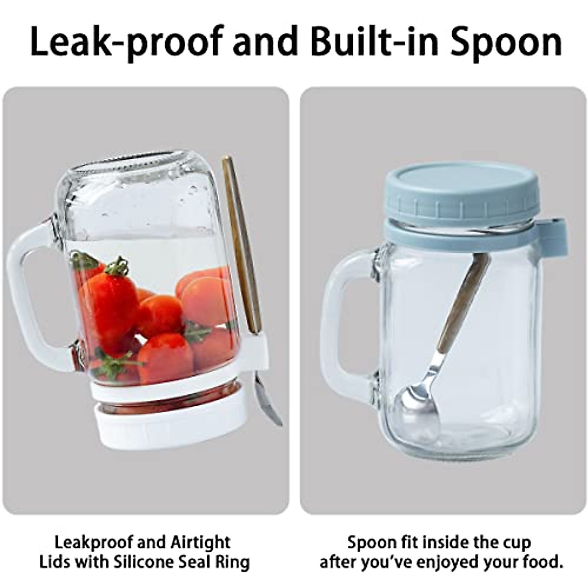 Overnight Oats Containers with Lids 16 oz 2 Pack Glass Mason Jars with Handle and Airtight Silicone Gaskets, Portable Oatmeal Container to Go for Yogurt, Milk, Cereal, Fruit, Salad, Meal Prep-Reusable