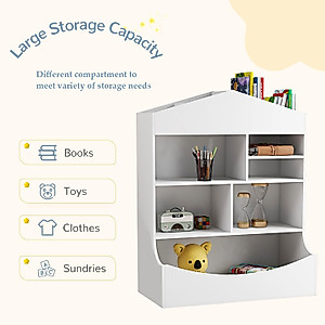 RASOO Kids Bookshelf with Storage Toy Storage Organizer with Bookcase, 4-Tier Freestanding Open Multi-Bins Toys&Books Display Organizer for Playroom, Bedroom, Nursery, School, White