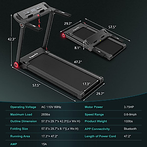GYMAX Folding Treadmill, 3.75HP Electric Running Machine with 12 Preset Programs, Smart App Control, LCD Monitor & Device Holder, Foldable Freestanding Treadmill for Home Gym Small Space