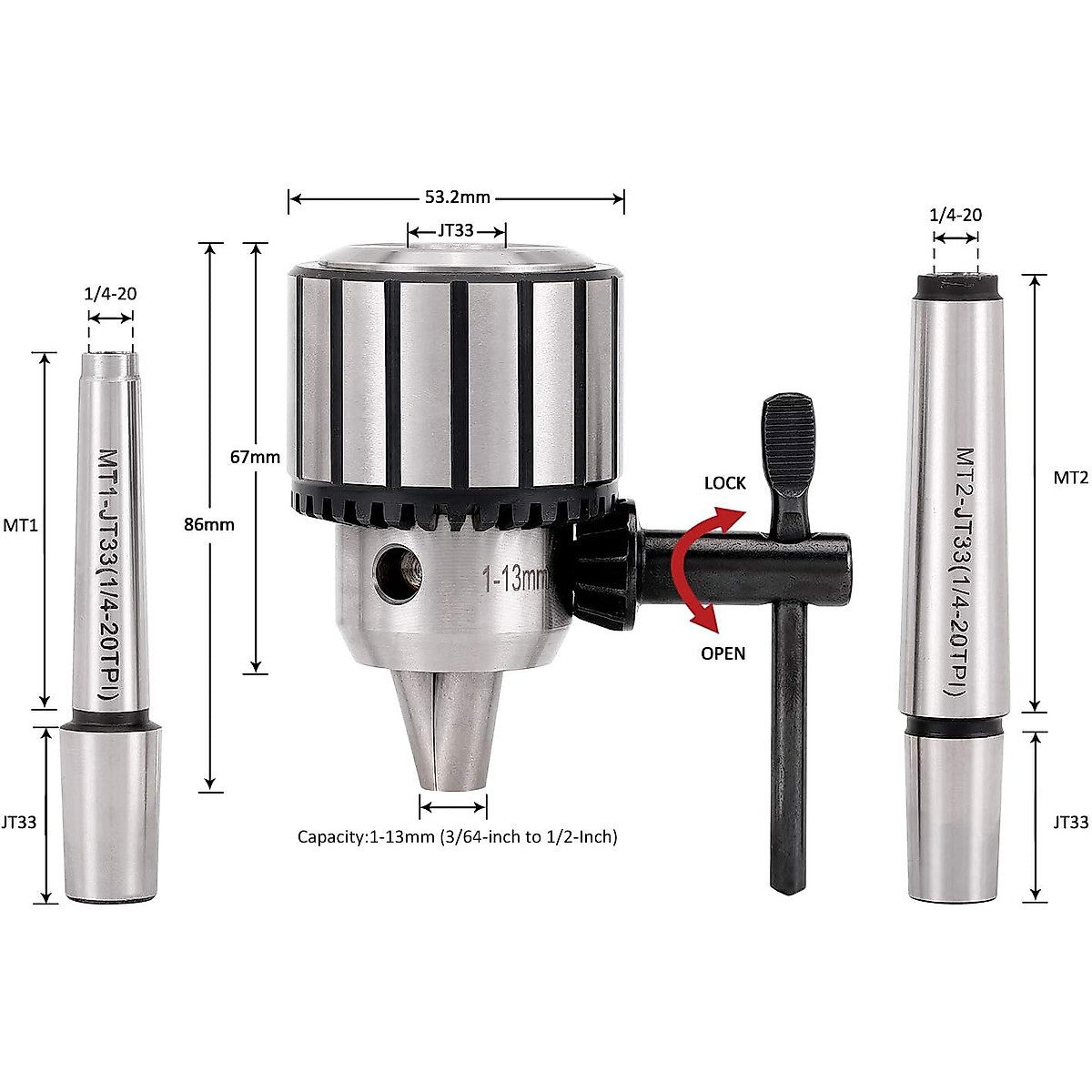 KingTool 4 Pcs Drill Chuck Set - 1/2-Inch Drill Chuck with Chuck Key with #1 (JT33-MT1) and #2 (JT33-MT2) Morse Taper Arbor