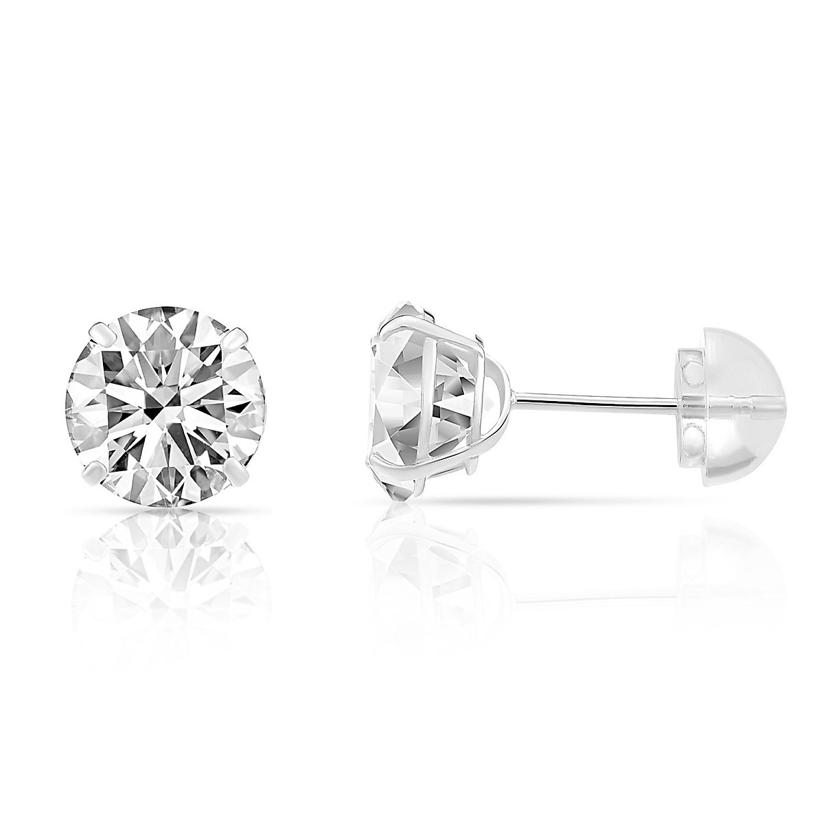 14k White Gold Solitaire Round Cubic Zirconia Stud Earrings with Silicone Pushbacks (4mm)…