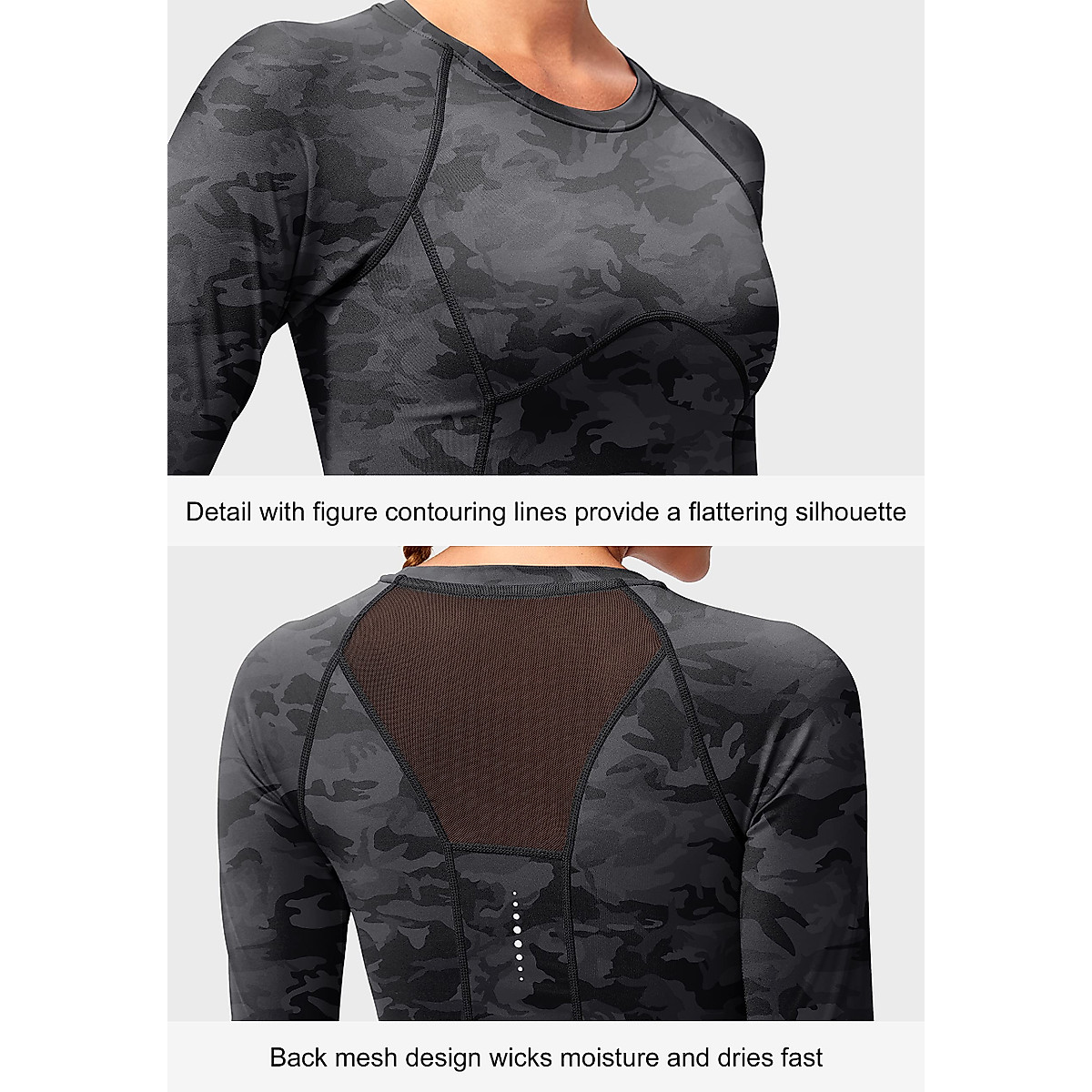 SANTINY Women's Long Sleeve Crop Workout Tops Slim Fit Gym Yoga Running Shirts for Women(Grey Camo_XL)