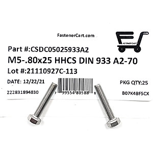 M5-.80 X 25 Hex Head Cap Screw Hex Bolts DIN933 (M5x25) Full Thread A2-70 Stainless Steel (25 Pieces)
