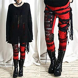 Aniywn Women's Gothic Lace Up Leggings Skinny Pants High Waist Slim Rocker Distressed Punk Leggings Red