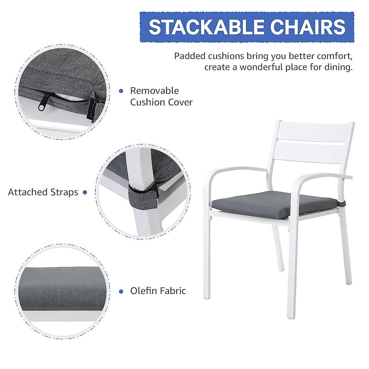 Soleil Jardin Outdoor Aluminum 4-Piece Patio Dining Chairs with Cushions, Stackable Bistro Chairs for Balcony, Garden, Backyard, White Finish & Grey Cushion