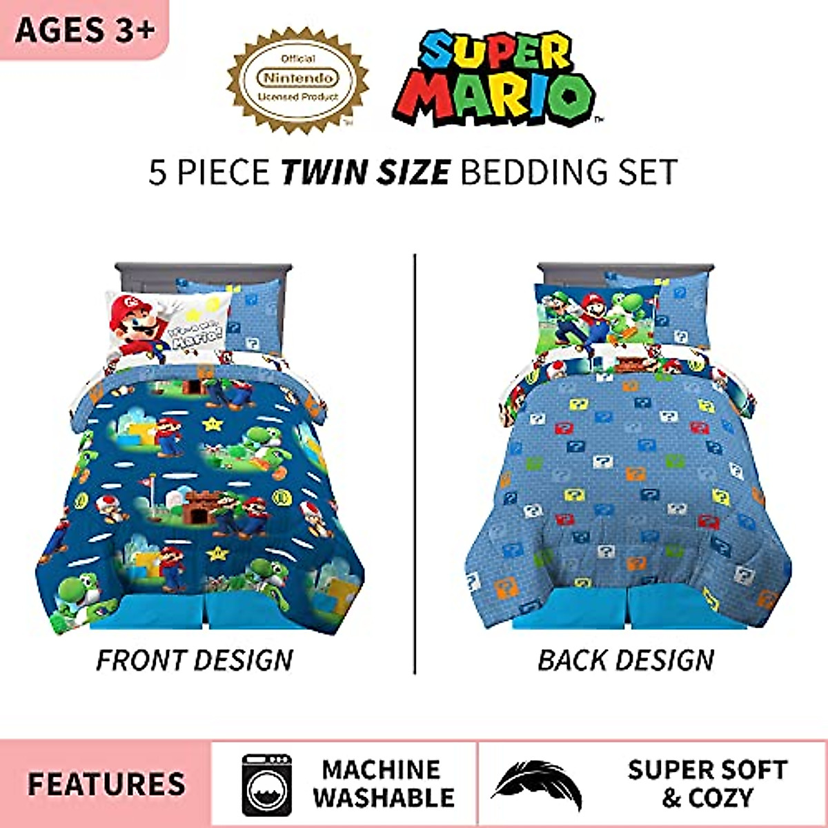 Franco Kids Bedding Super Soft Comforter and Sheet Set with Sham, 5 Piece Twin Size, Mario & Kids Room Window Curtains Drapes Set, 82 in x 63 in, Super Mario