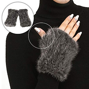 Valpeak 8'' Womens Winter Mittens Knitted Mink Fur Fingerless Gloves (Black)
