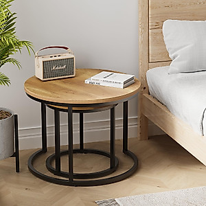 Smuxee Nesting Coffee Table Set of 2, 23.6" Round Coffee Table Brown Wood with Adjustable Non-Slip Feet, Industrial End Table Side Tables for Living Room Bedroom Balcony Yard
