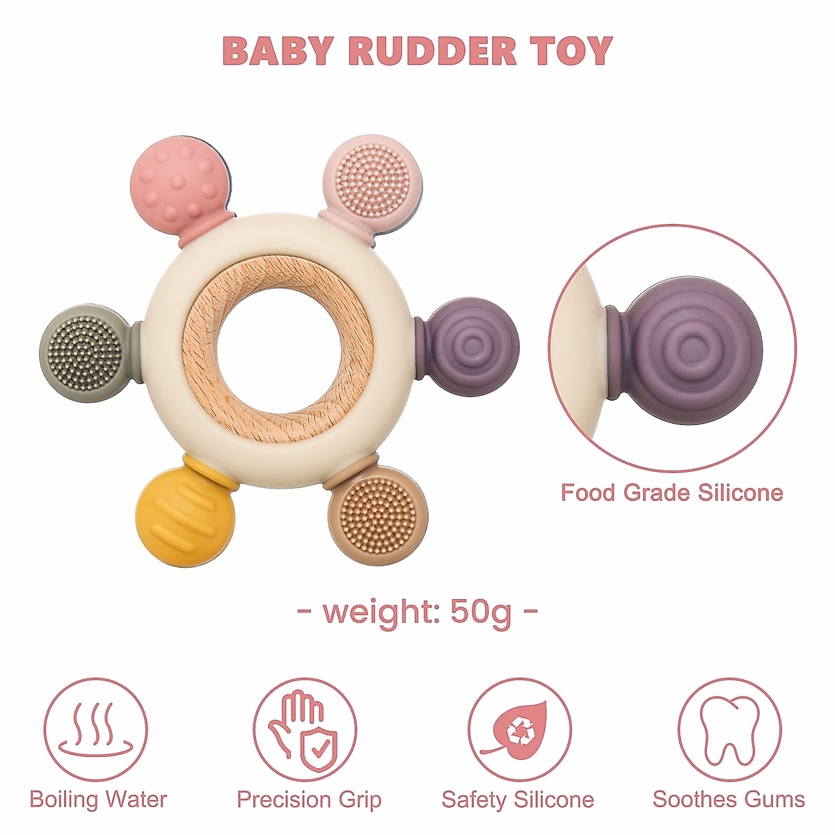 Baby Teething Toys Silicone Teethers BPA Free Silicone Rudder with Wooden Ring Soothe Babies Gums (Khaki)