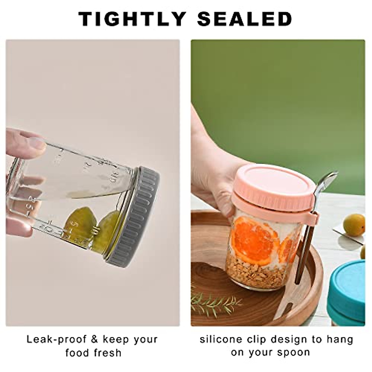 4 Pack Food Grade Overnight Oats Containers with Lids and Spoon, 16 oz Mason Jars for Overnight Oats with Measurement Marks, Large Capacity Airtight Oats Jars for Cereal Milk Yogurt Vegetable Fruit