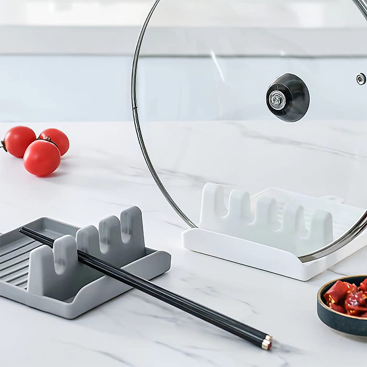 TOPJINZHIONE 2 Pieces Pot Lid Racks, Kitchen Utensil Shelf,Plastic Utensil Rest, Spoon Tray Shelf, Kitchen Holder for Spoons, Ladles, Tongs and Cutlery Tray to Avoid Dripping Stains