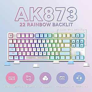 A.JAZZ AK873 Wired 87 Key TKL Mechanical Gaming Keyboard with Rainbow Backlit Hot-swap Tactile Blue Switch NKRO Gasket Ergonomic Cloud Wrist Rest Custom Coiled Aviator Cable for PC/Mac (Blue White)