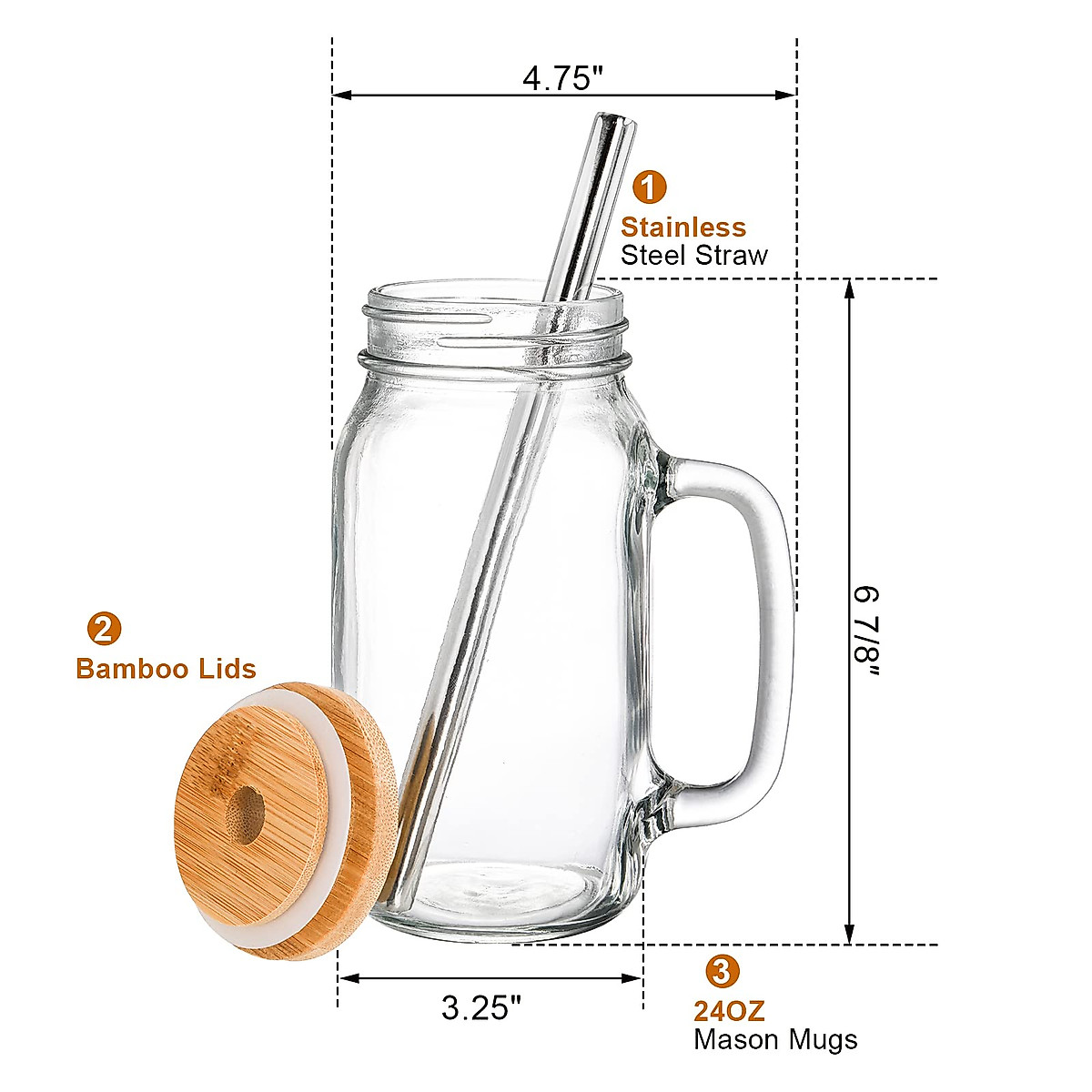 Tebery 4 Pack Mason Jar Cups with Bamboo Lids and Stainless Steel Straws, 24Oz Old Fashioned Drinking Jars Glass Bottles with Handle, Reusable Boba Cups for Iced Coffee Pearl Juices Cocktail