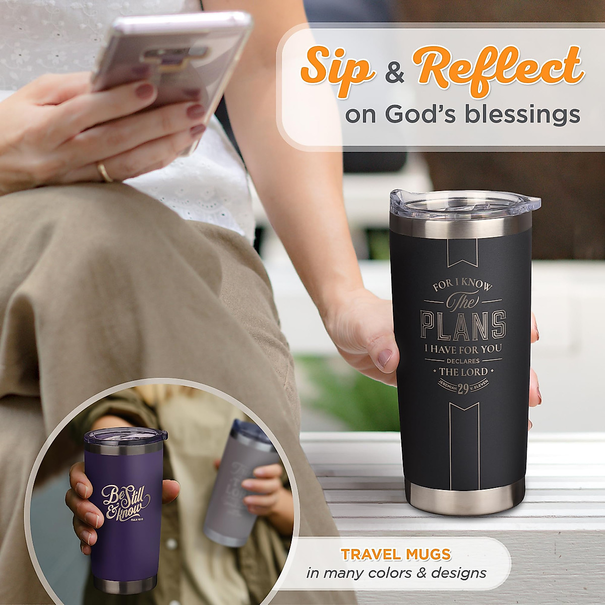 Christian Art Gifts Large Stainless Steel Inspirational Travel Tumbler for Men & Women: Know the Plans Encouraging Bible Verse, Engraved Double Wall Vacuum Insulated, Lid, 24hr Hot/Cold, Black, 18 oz.