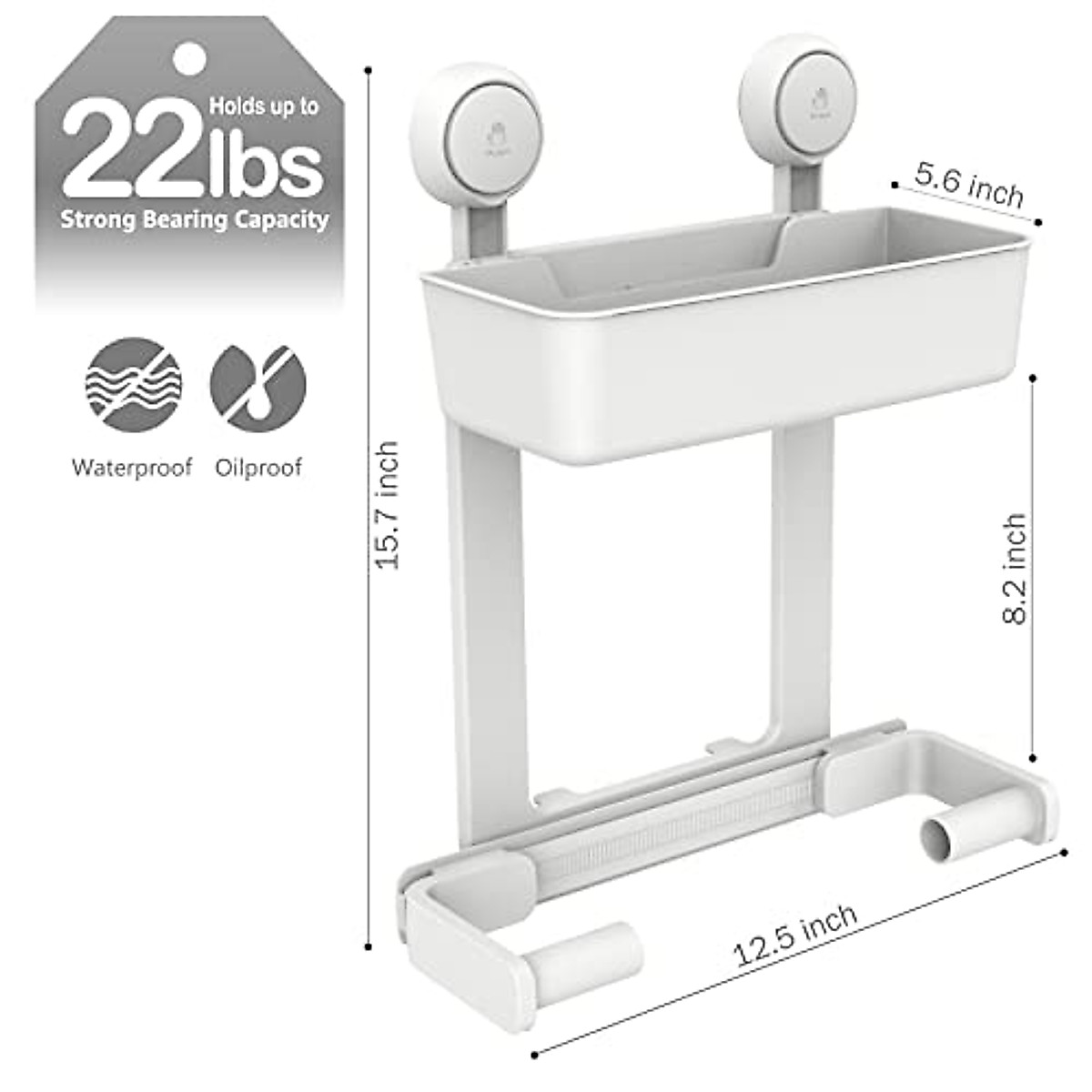 LEVERLOC Suction Shower Caddy With Paper Towel Holder, Bathroom Shower Basket Wall Mounted Shower Organizer for Shampoo, Facial Cleanser, Hand Sanitizer, Shower Rack for Kitchen & Bathroom, Drill-Free