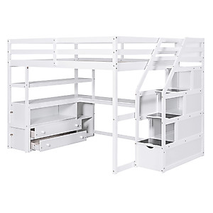 Full Loft Bed with Stairs and Desk, Wood Loft Bed Frame with Storage Cabinet, High Loft Beds with Drawers & Shelf for Kids, Juniors, Teen, Boys, Girls, White