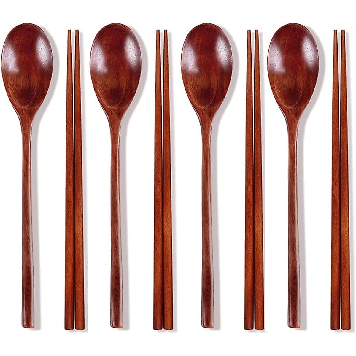 Ecloud Shop Wooden Chopsticks Spoon Set Korean Dinnerware Reusable Long Handle Spoons Chopsticks for Home Kitchen Restaurant (4 Sets)